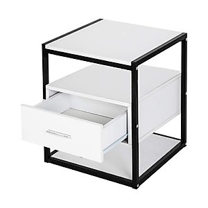 Nightstand Set of 1 with Drawer Modern Square End Side Table for Storage, Open Shelf in Bedroom, Living Room, Small Space, Stable Metal Frame, White