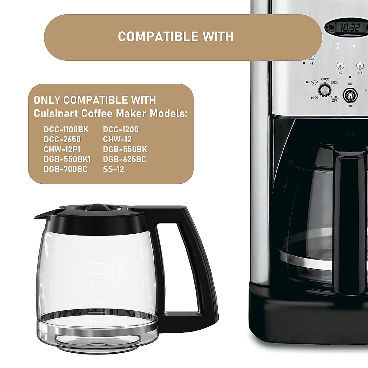12 Cup Coffee Maker Carafe Replacement Compatible with Cuisinart Coffee Maker DCC-1100BK, DCC-1200, DCC-2650, CHW-12, CHW-12P1, DGB-400, DGB-550BK, DGB-550BK1, DGB-625BC, DGB-700BC, SS-12 and SS-15