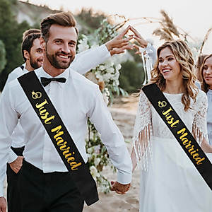 Just Married Sash - 2 Piece Gold Bride and Groom Sash Set | Wedding Party Decorations Bridal Shower Engaged Decor Bachelorette Favors Supplies Gift Decor Bachelor Accessories Engagement Gifts Ribbon