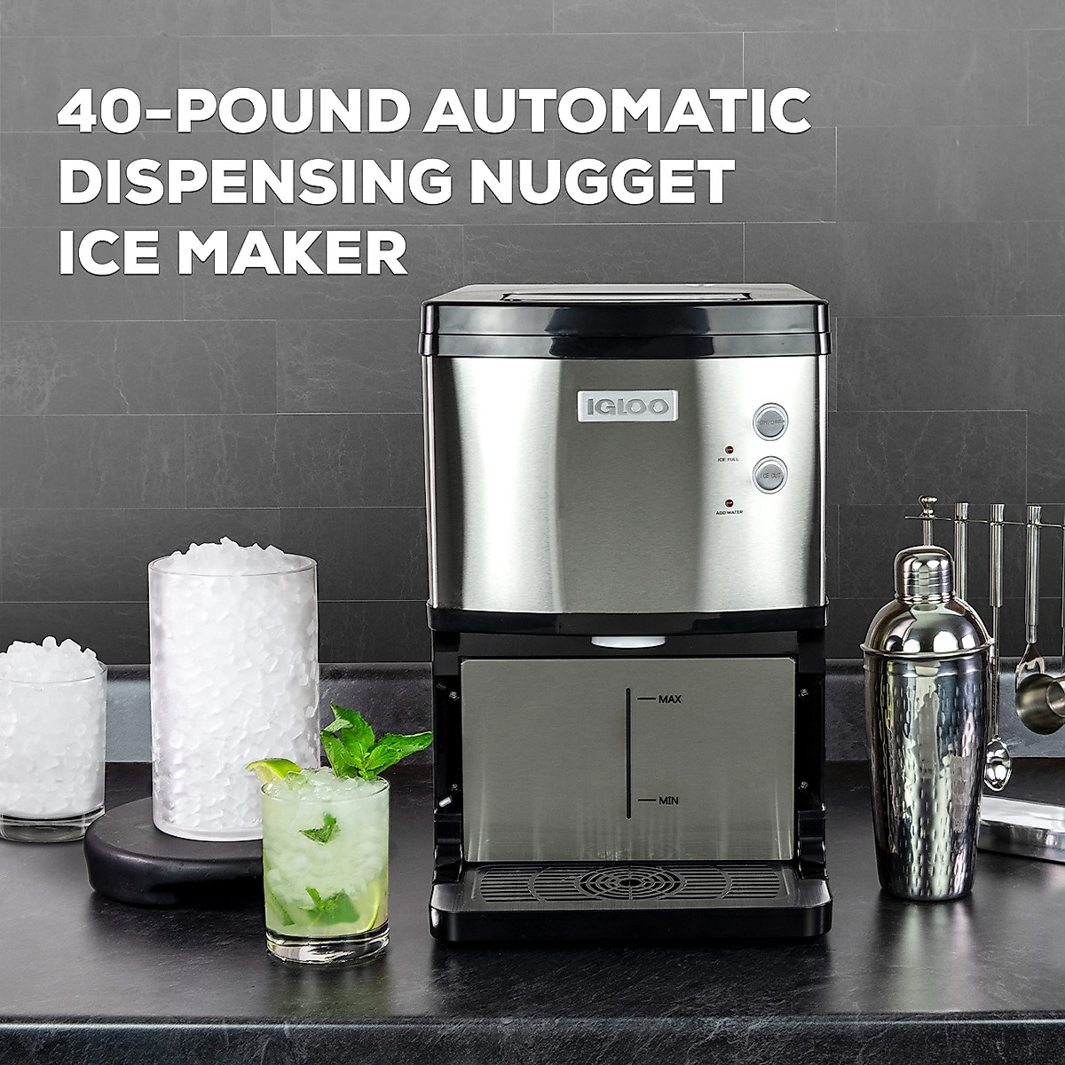 Igloo 40 LB Automatic Dispensing Nugget Ice Maker, Portable, Countertop, Stainless Steel, for Home Use, Makes Small Chewable Cubes for Cold Water, Soda, and Other Beverages