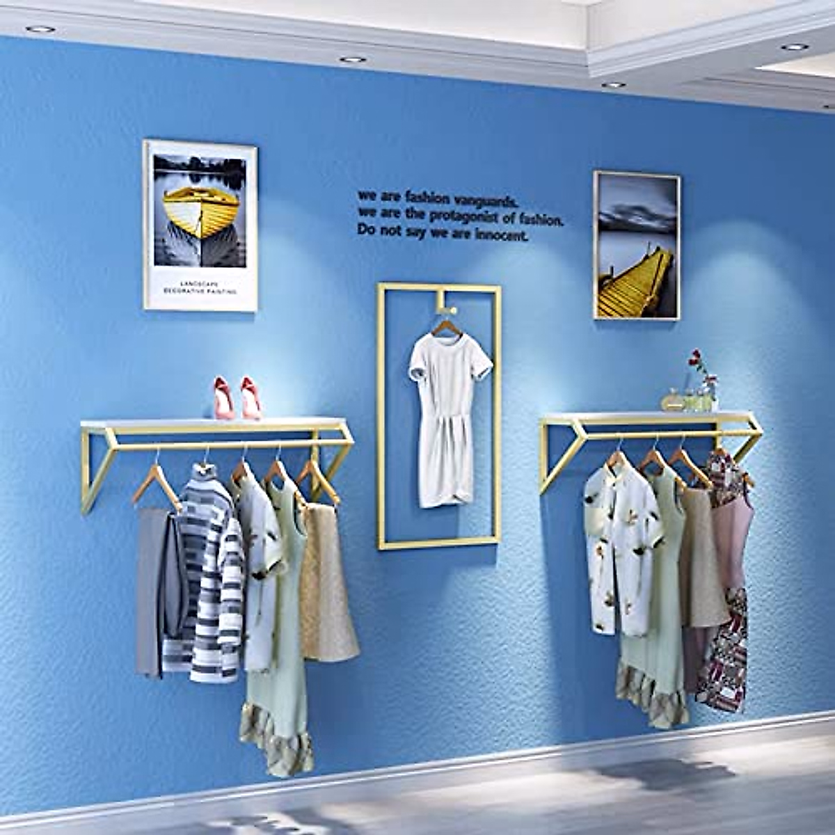 Ethemiable Clothing Store Modern Clothing Display Stands,Wall-Mounted Garment Rack with Wood,Storage Shoe Bag Metal Shelf,Organization Hanging Towel Rack（Gold, 39" L）