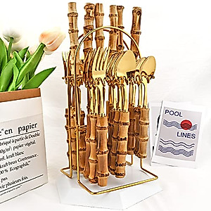 Snplowum 24-Piece Gold Stainless Steel Flatware Set, Bamboo Handle Cutlery with Stand Dinnerware Set Include Knife Fork Spoon And Teaspoon, Service For 6, Mirror Finished.