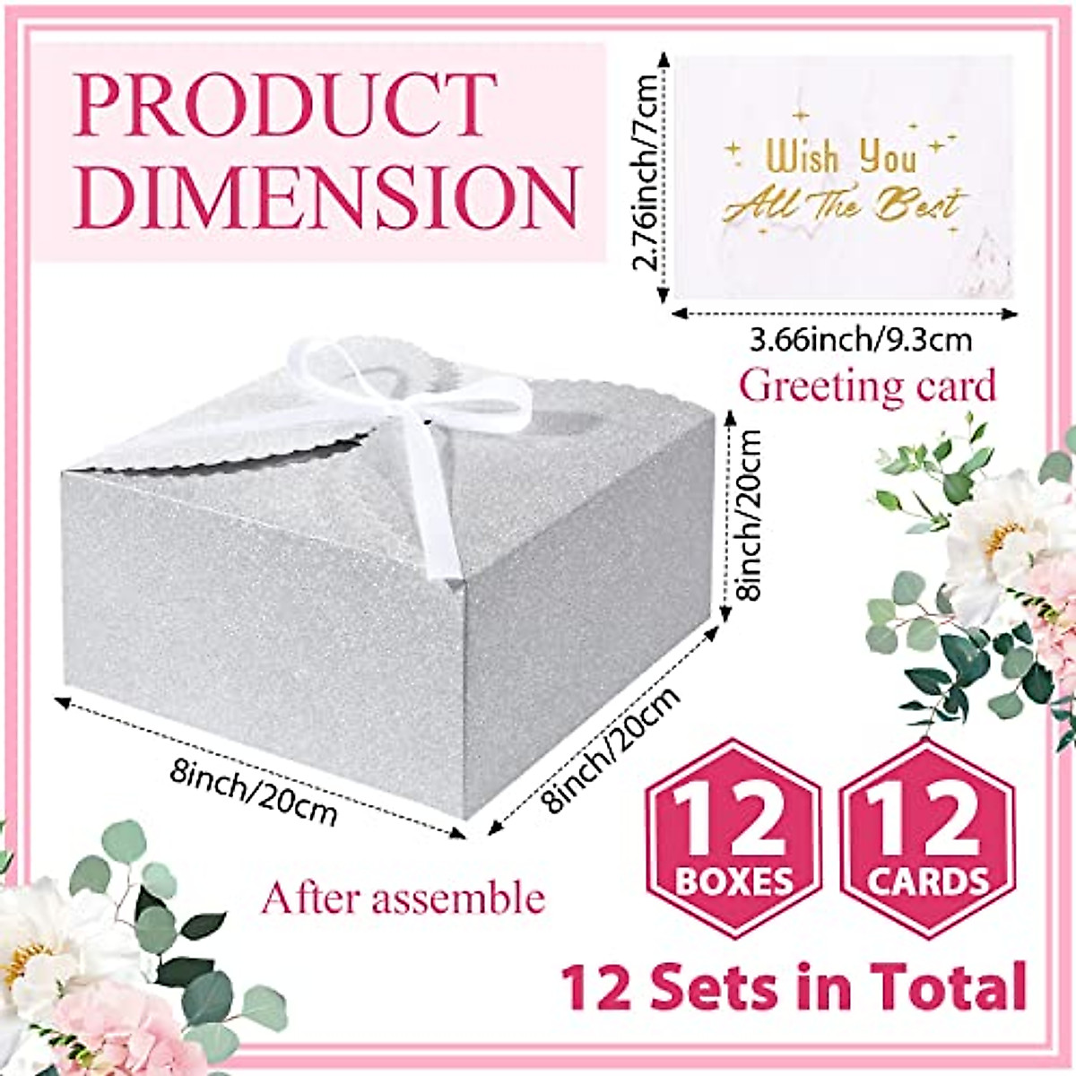 12 Pack Gift Boxes with Ribbons 8 x 8 x 4 Inch Present Boxes with Lids and Greeting Cards Elegant Paper Gift Wrap Boxes Bridesmaid Proposal Boxes for Wedding Birthday Christmas Party (Shiny Silver)