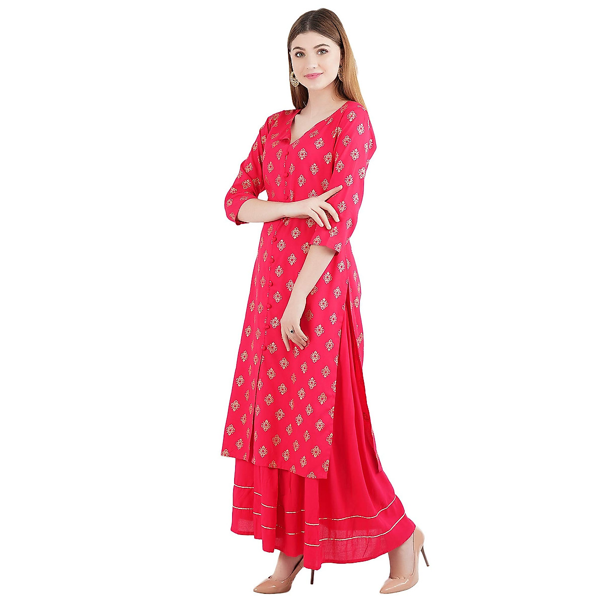Arayna Women's Rayon Printed Kurta with Skirt Set, Red, Large