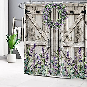 LB Western Barn Door Shower Curtain Sets with Rugs Purple Lavender and Green Eucalyptus Wreath Fabric Shower Curtain with Hooks Rustic Wood Board Bathroom Curtains Shower Set, 72x72 inches