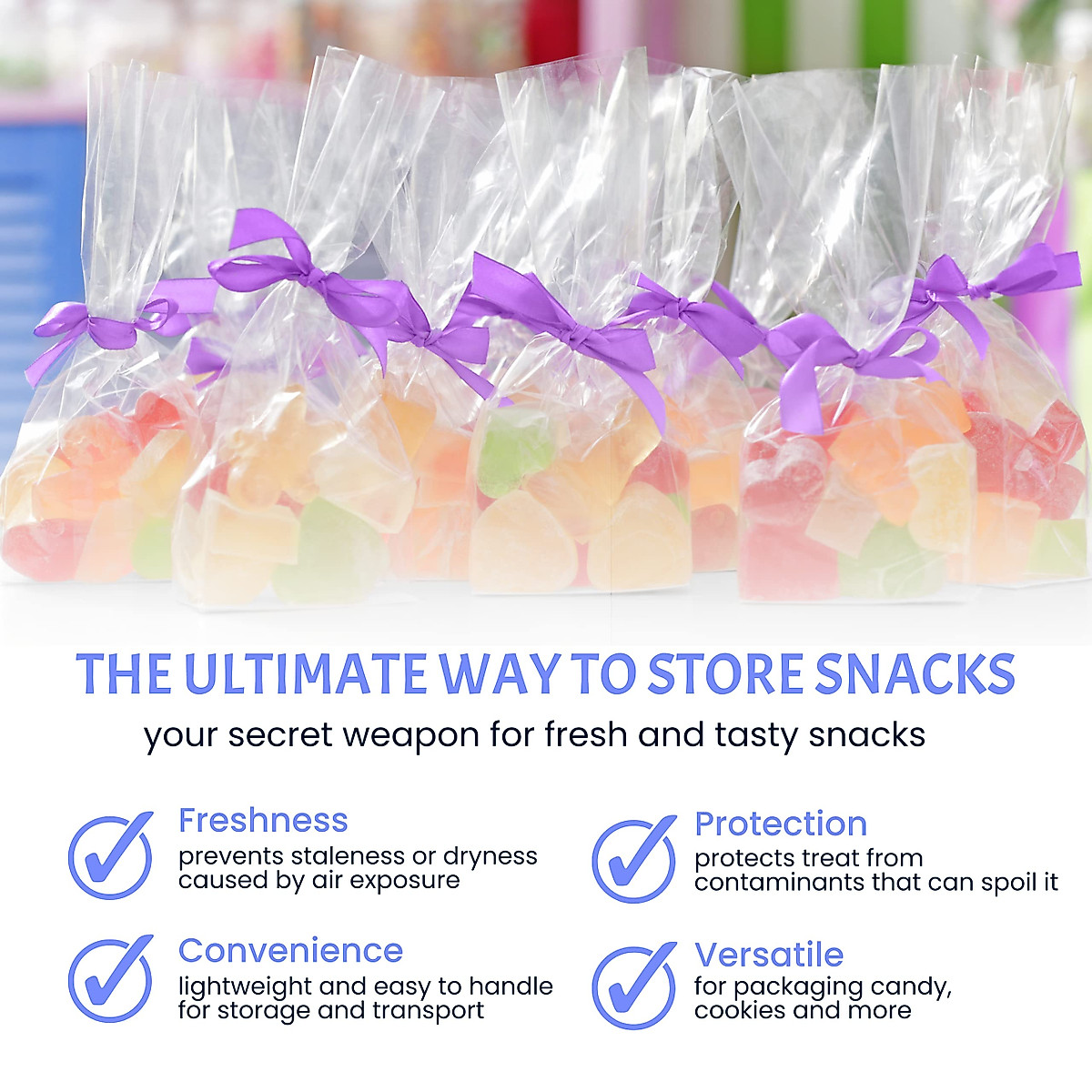 Clear Treat Bags (200 pack) - 4x6 Clear Plastic Gift Bags with 4” Twist Ties 3 Mix Colors - BPA-free Clear Candy Bags for Packaging - Thick OPP Cookie Bags for Wedding, Cakes, Pops, Gift