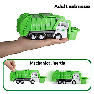 Garbage Truck Toys for Boys, 4 pcs 6" Friction Powered Trash Truck with Kids Playmat Car Rug, 8 pcs Roadblock Signpost, 4 Trash Bins with 108 pcs Trash Cards, Toy Gift for 3+ Years Old Kid