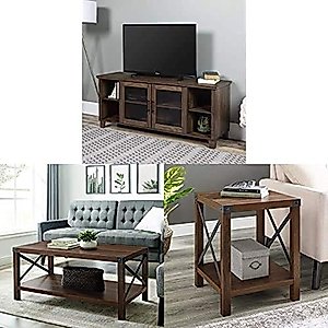 Walker Edison Furniture Rustic Farmhouse Wood Stand for TV's with Coffee Table Living Room Ottoman Storage Shelf and Metal and Wood Side Accent Living Room Small End Table