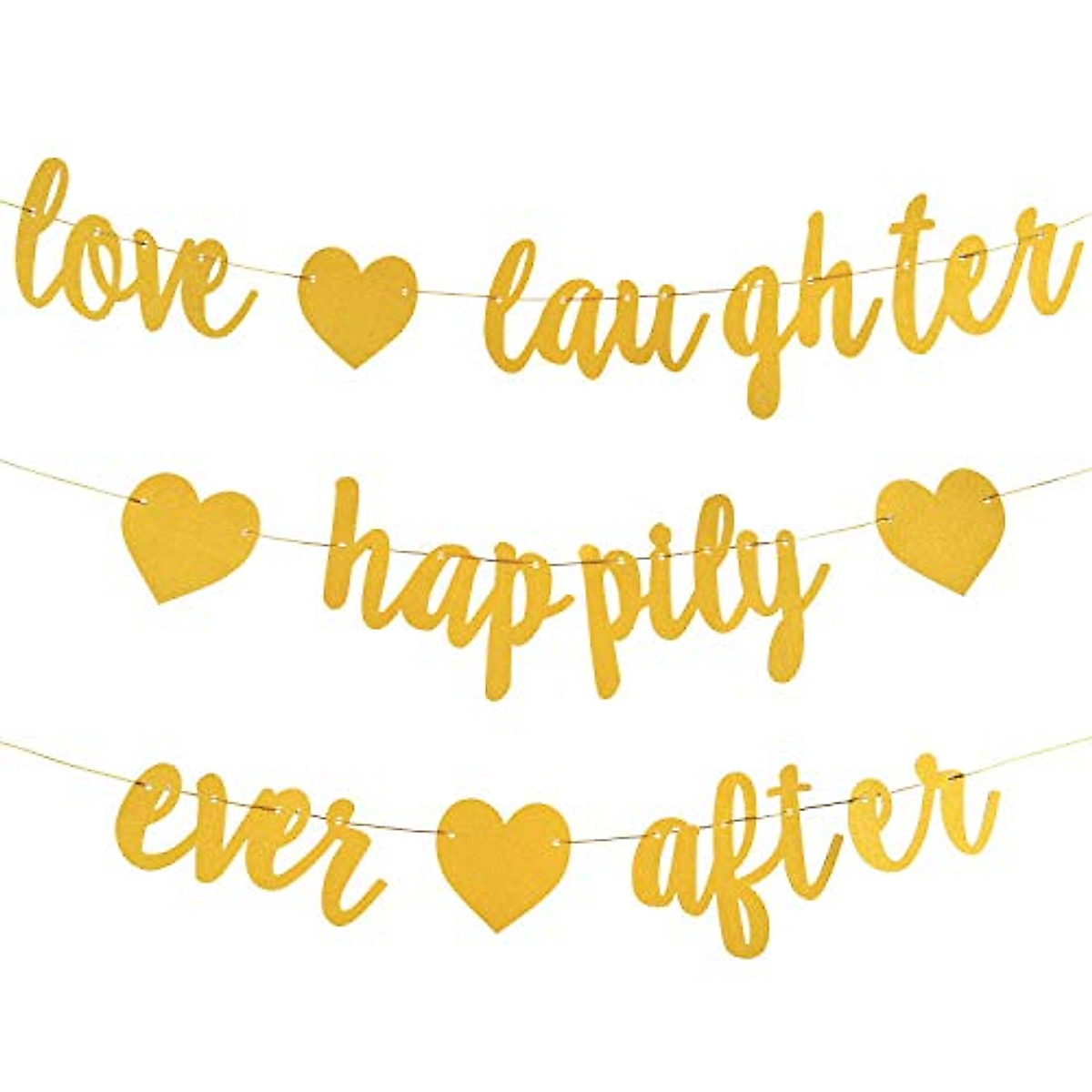 3Pcs Gold Glitter Love Laughter and Happily Ever After Banner - Engagement Party Decorations - Wedding Shower Decorations, Bridal Shower Decor, Wedding Banner & Bachelorette Party Signs (Pre-Strung)
