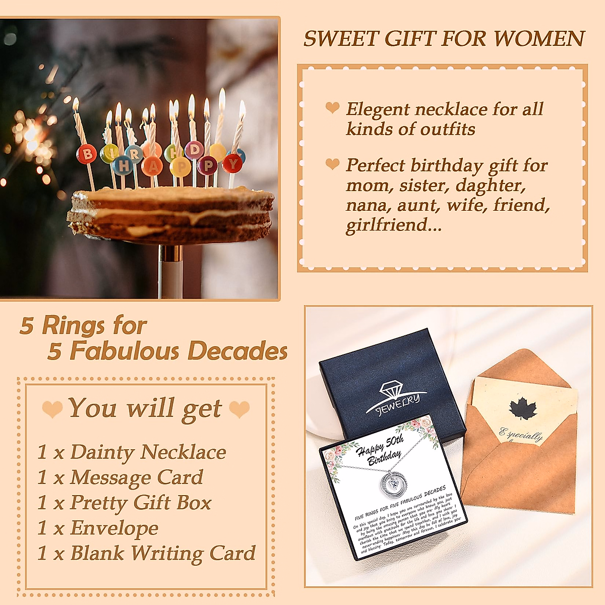 EPIRORA 50th Birthday Gifts for Women, Dainty 5 Circles Heart Cubic Zirconia Pendant Necklace for Her, 50 Years Old Birthday Jewelry Gifts