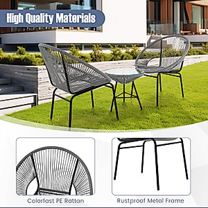 HAPPYGRILL 3-Piece Patio Bistro Set, Outdoor Furniture Set Acapulco Chairs with Plastic Rope, Tempered Glass Table, All Weather Patio Furniture for Balcony, Porch, Garden, Backyard