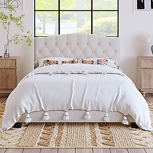 Modern Beige Queen Bed Frame Linen Upholstered Platform Bed with Headboard Solid Wood Queen Size Bed Frame Mattress Foundation Diamond Tufted Details Sturdy Wood Slat Support No Box Spring Needed