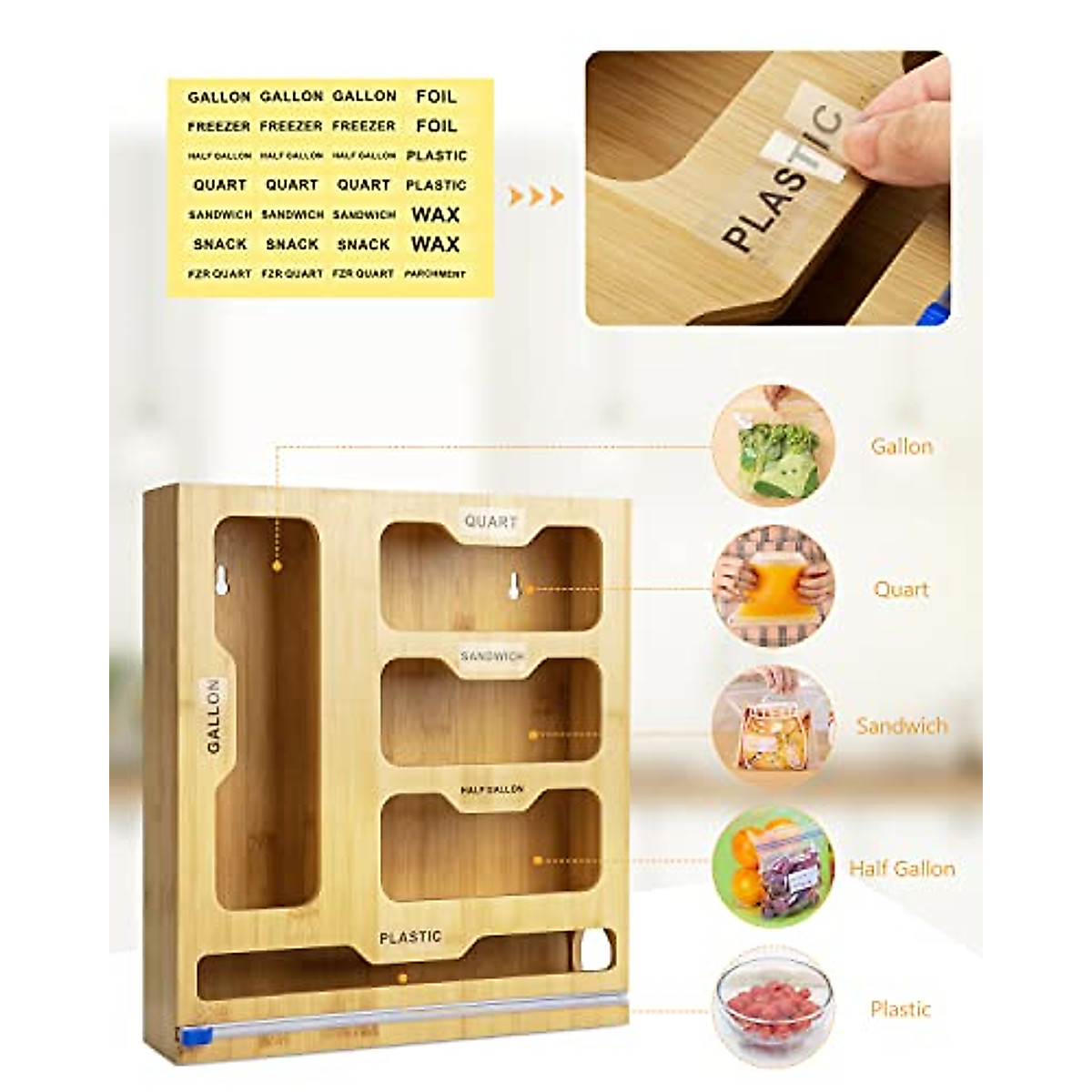 Zgioo Ziplock Bag Storage Organizer for Kitchen Drawer, Storage Bag Organizer with Foil Dispenser, compatible with Quart, Gallon and Snack Bags (1 box 5 slots 1 sliding cutter)