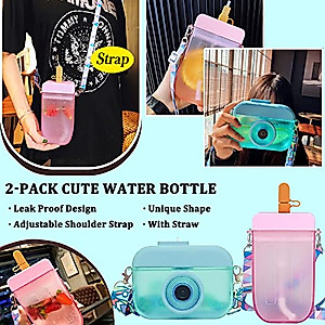 2 Pieces kawaii Water Bottles with Straw and Strap, Cute Plastic Camera Ice Cream Popsicle Cartoon Water Bottle Leakproof Water Cups Juice Drinking Bottle for School Girls Summer Outdoor