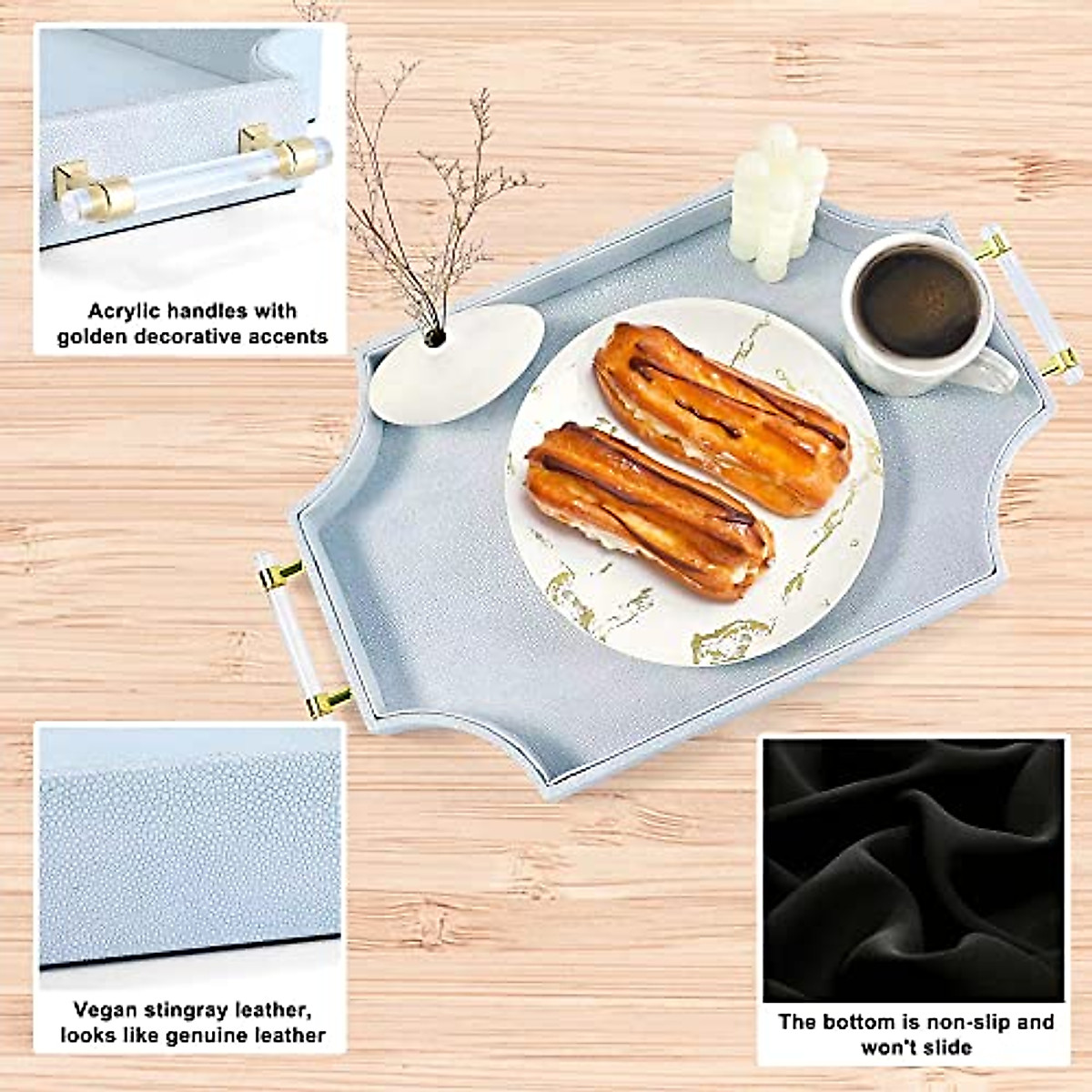 Sophinique Shagreen Vegan Leather Scallop Edges Serving Tray for Drinking & Food, Wooden Tray with Acrylic Handles for Watches, Mobiles, Cosmetics, Non-Slip Bottom Ottoman Decorative Tray (Blue)