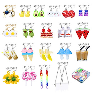 JOERICA 20Pairs Weird Clip On Earrings Funny Drop Dangle Earrings for Women Frog Flower Mushroom Butterfly Strawberry Goldfish Earrings, Stainless Steel, Cubic Zirconia