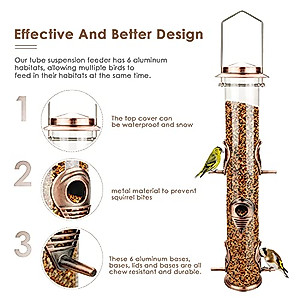 Metal Bird Feeder Tube Hanging Wild Bird Seed Feeder Aluminum Six Port Bird Feeders,1.4 mm Extra Thick Solid Tube Transparent with Steel Hanger Great for Attracting Birds