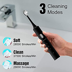 PSWCHENYL Sonic Electric Toothbrush USB Rechargeable with 6 Brush Heads 3 Modes with 2 Minutes Build in Smart Timer for Adults and Kids, One Charge for 60 Days IPX7 Waterproof Cleaning（Black）