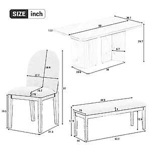 Merax 6 Pieces Dining Table Set with 4 Chairs and 1 Bench,Modern Faux Marble Kitchen Furniture, Gray