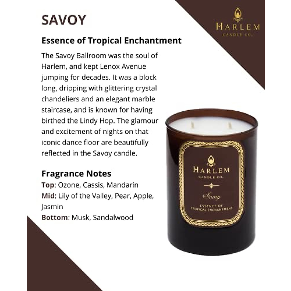 Harlem Candle Company Savoy Luxury Candle, 12 oz Brown Glass Jar, Double Wick, Soy Wax, Gift Box, Ozone, Blackcurrant, Mandarin, Green Apple and Lily of The Valley