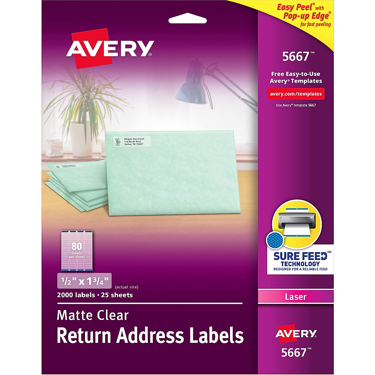 Avery 5667 Matte Clear Easy Peel Return Address Labels, Laser, 1/2 x 1 3/4, 2000/Box