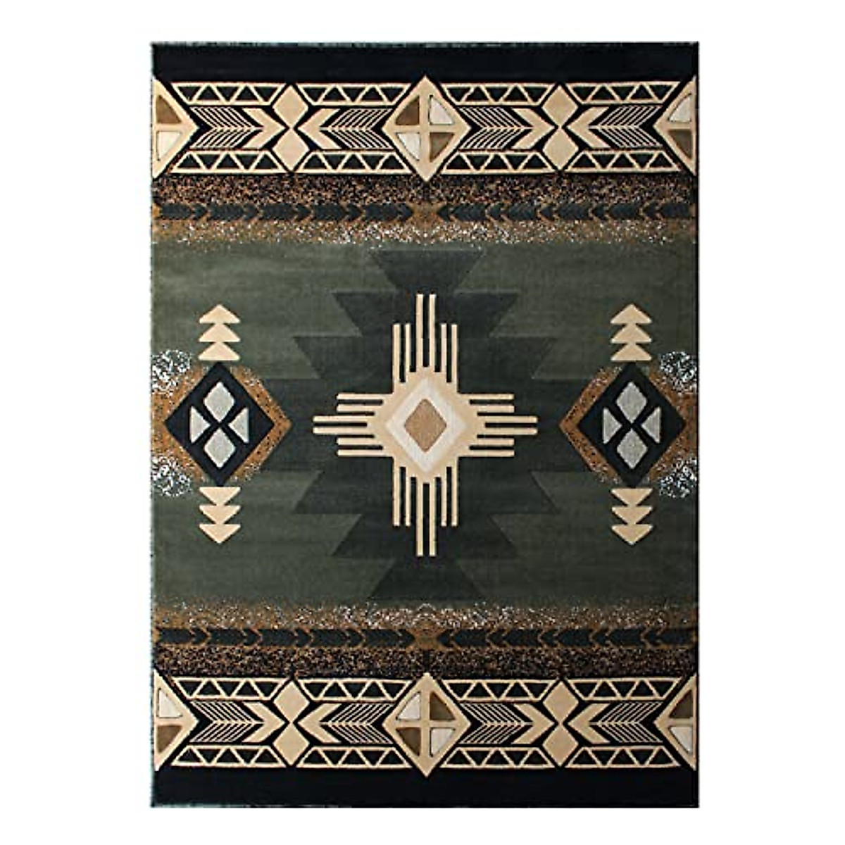 EMMA + OLIVER Santa Fe 5x7 Sage Olefin Accent Rug with Complementary Southwestern Pattern in Beige, Black and Brown and Jute Backing