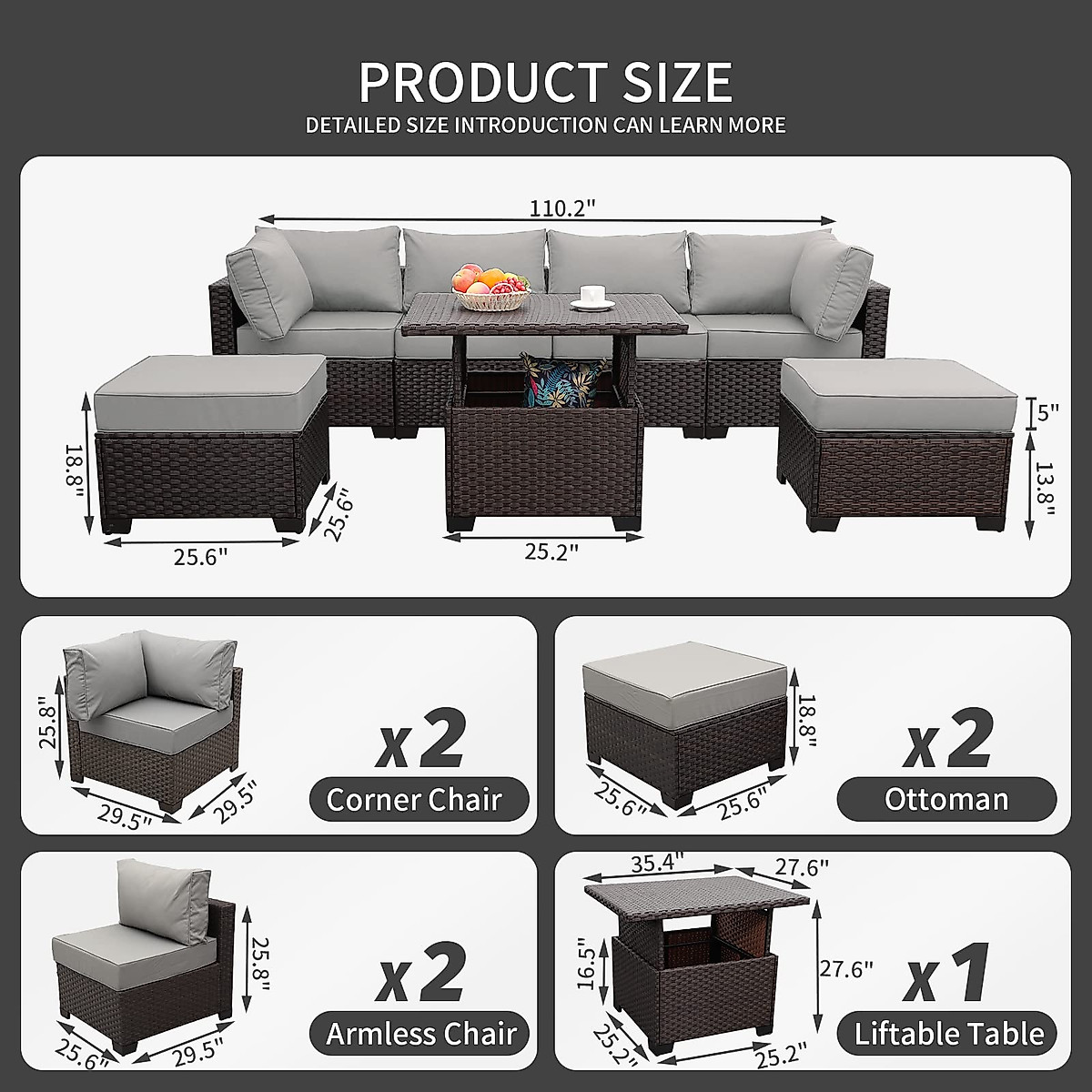 Outdoor Patio Dark Brown Rattan 7 Piece Sectional Set PE Wicker Conversation Sofa with Liftable Storage Table, Non-Slip 5" Thick Grey Cushion and Furniture Cover