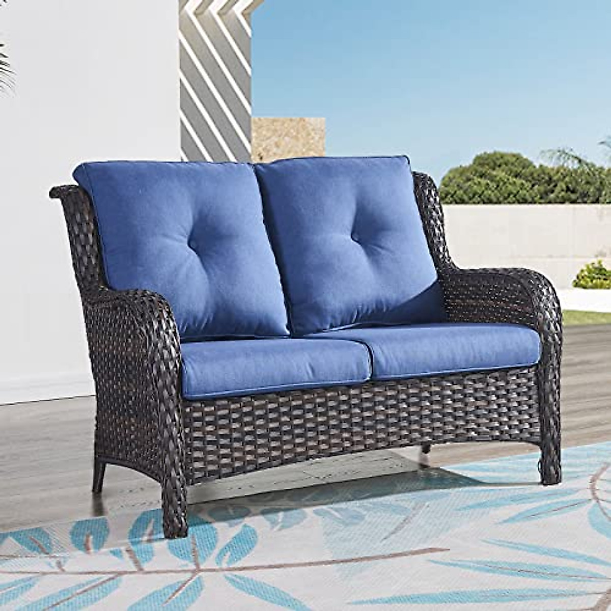 HUMMUH Outdoor Loveseat Sofa 2-Seat PE Rattan Patio Love Seat with Cushions,Deep Seat High Curved Back Armset Sectional Couch for Patio,Garden,Yard,Porch