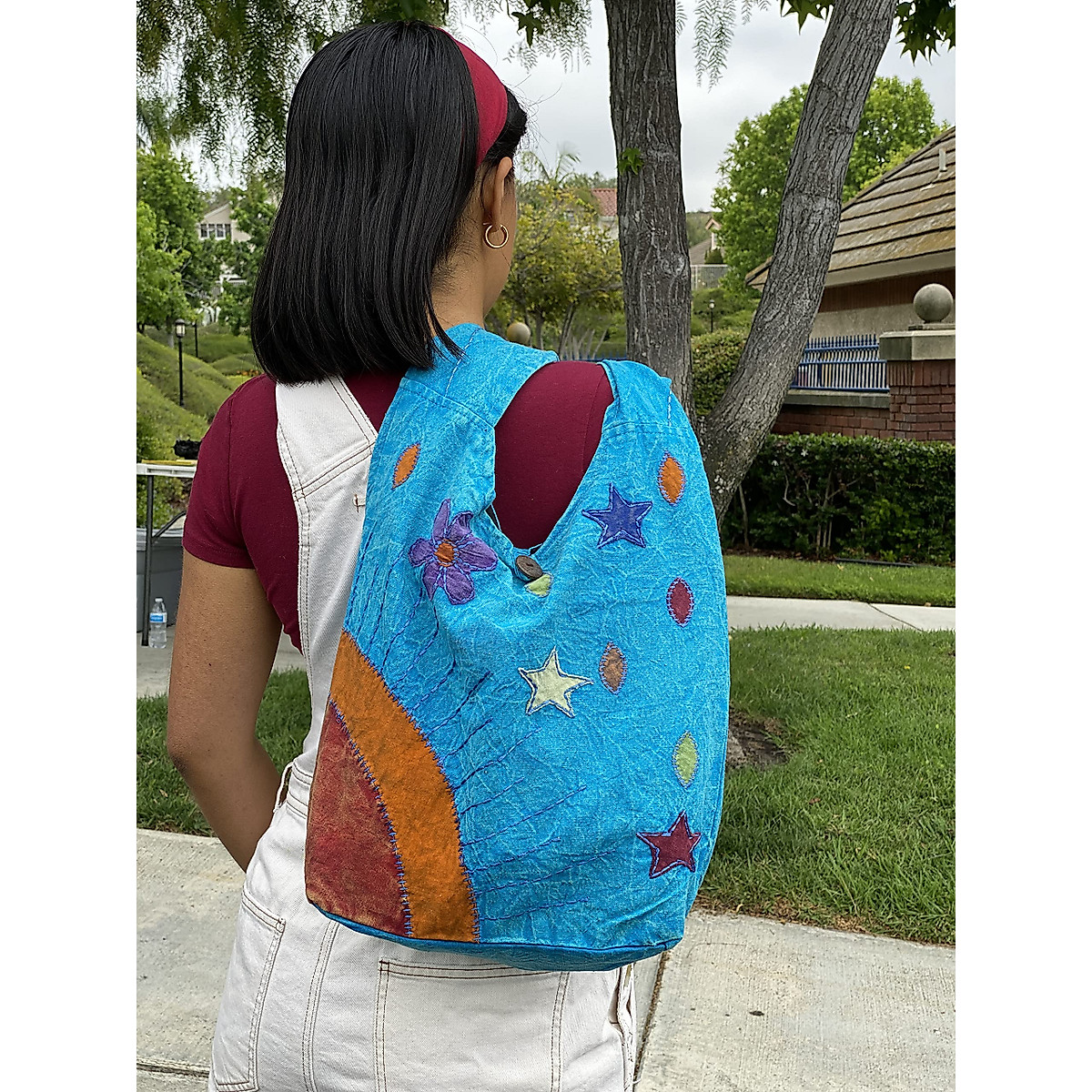 Elements of Nature Bohemian Hand-Stitched Hippie Hippy Shoulder Crossbody Monk Handbag in Blue Large