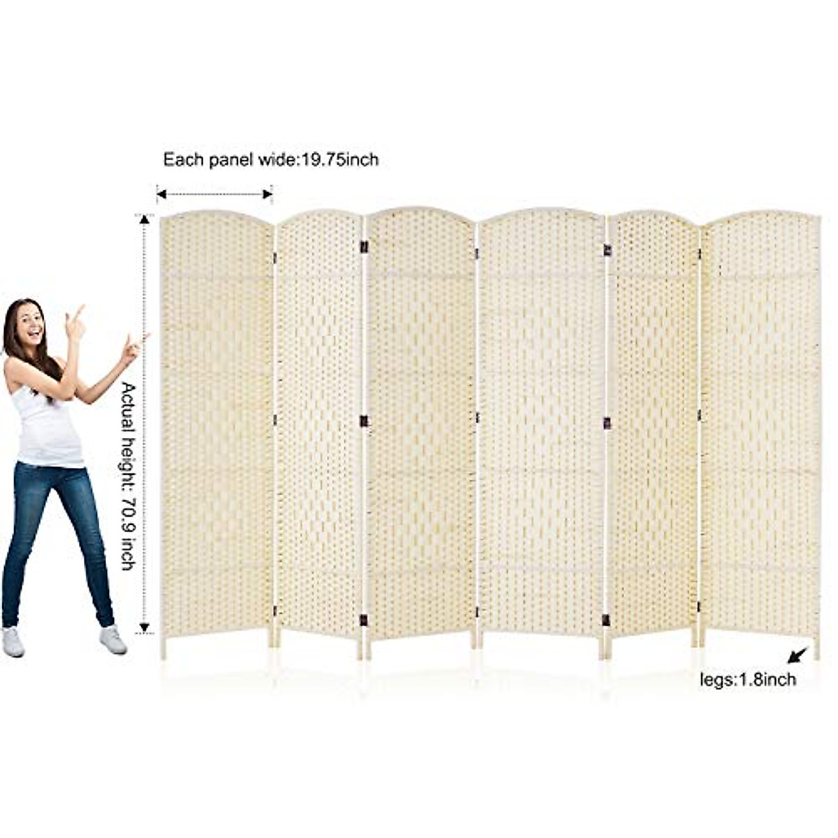 Corelax Room dividers 6 ft. Tall, Extra Wide Freestanding Privacy Screen with Diamond Woven Fiber, Foldable Panel Partition Wall Divider, Double-Hinged Room Dividers(Ivory, 6 Panel)