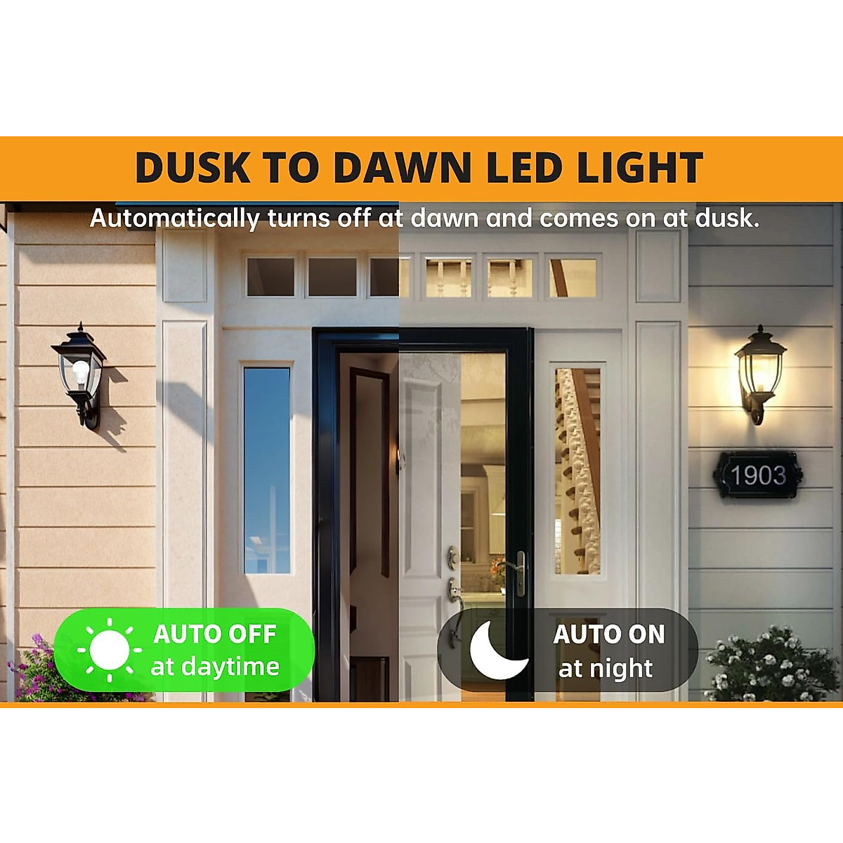 TSEXES 6 Pack Dusk to Dawn LED Light Bulbs,Automatic On/Off Sensor LED Light Bulb,2700K Warm White A19 Light Bulb for Wall lamp Porch Garage Light