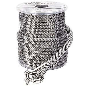MARINE SYSTEM Made 3/8 Inch 100FT 150FT Premium Solid Braid MFP Grey Anchor Line Braided Anchor Rope/Line with Stainless Steel Thimble and Shackle (3/8" x 100' Grey)