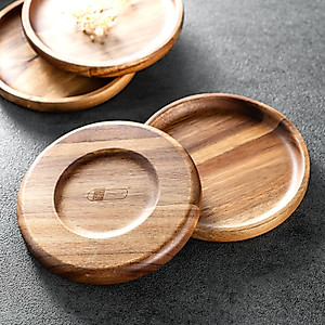 Kitchen Dinner Plate Set of 4, James.F 6.7” Small Round Acacia Wooden Serving Tray and Plates for Coffee, Tea, Snacks, Deserts, Appetizer, Wood Candle Holder Tray Home Decor, Table Centerpieces
