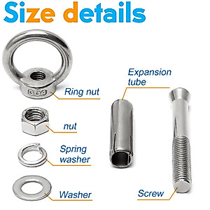 MroMax Expansion Lifting Eyebolt M12x90mm Eye Ring Bolt 5.12" Length 304 Stainless Steel Expansion Bolts with Nuts Eye Hooks Anchor Fastener for Concrete Wall Masonry Ceiling Silver 2Pcs