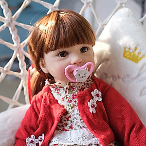 Zero Pam Lifelike Reborn Toddler Girl Doll 24 Inch Realistic Reborn Girl Dolls Weighted Newborn Baby Soft Cloth Body Long Hair Red Outfits Handmade Baby Toys Cute Plush Bear