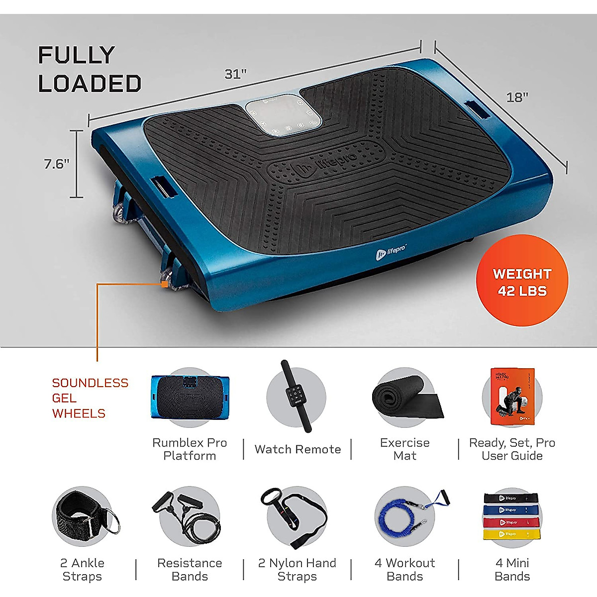 LifePro Rumblex 4D Pro Vibration Plate - Whole Body Vibration Platform Exercise Machine - Home Workout Equipment for Weight Loss, Toning & Wellness - Full Bundle of Bands, Straps & Accessories (Blue)