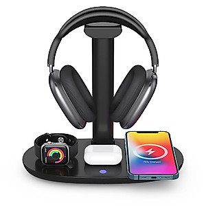 Headphone Stand with 15w Wireless Charger, Suguder 4 in 1 Charging Station Headset Holder for AirPods Max/Pro/4/3/2 iWatch 10/9/8/7/6/5/4/3/2/1/SE iPhone 16/15/14/13/12/11/X for Desktop Table Game