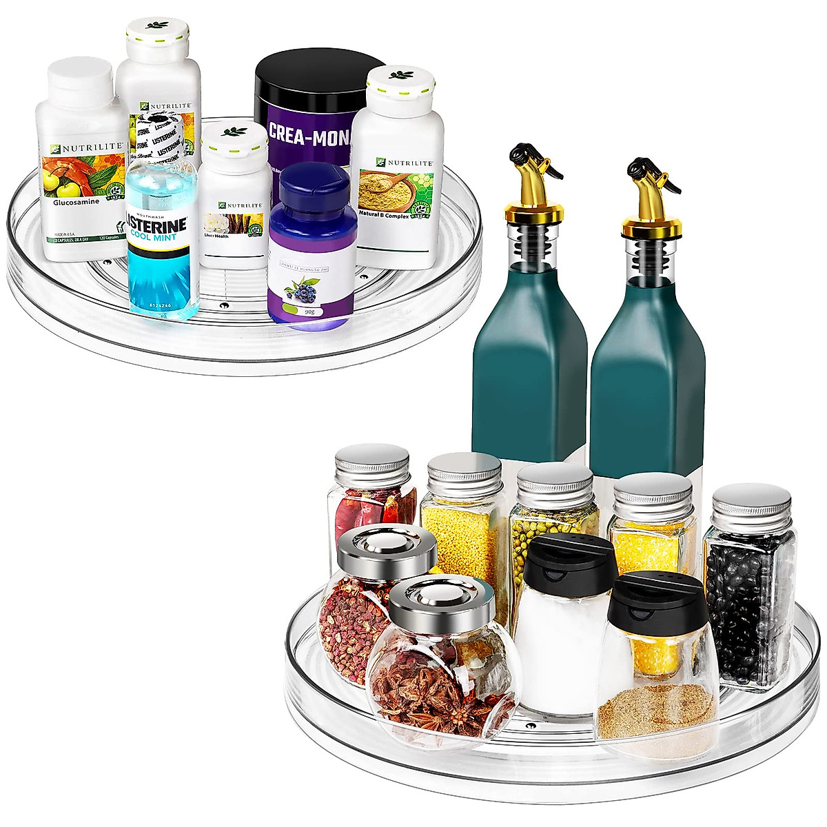 Puricon 2 Pack Lazy Susan Clear Organizer for Cabinet Pantry Storage, Rotating Tray for Fridge Bathroom Living Room Kitchen Spice Rack Organization, Acrylic Turntable for Cosmetics Perfumes, 9.1 in
