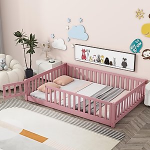 Harper & Bright Designs Full Size Floor Bed Montessori Bed Frame with Fence and Door, Wooden Full Platform Bed for Kids, Boys Girls, Slats Included, No Box Spring Needed (Full, Pink)