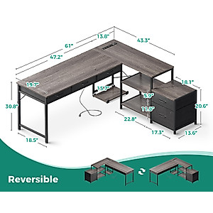 AODK L Shaped Computer Desk with Fabric Drawers and File Cabinet, 61" Reversible Home Office Workstation Desk with Power Outlets & Host Stand, Corner Gaming Table with Storage Shelves, Grey Oak
