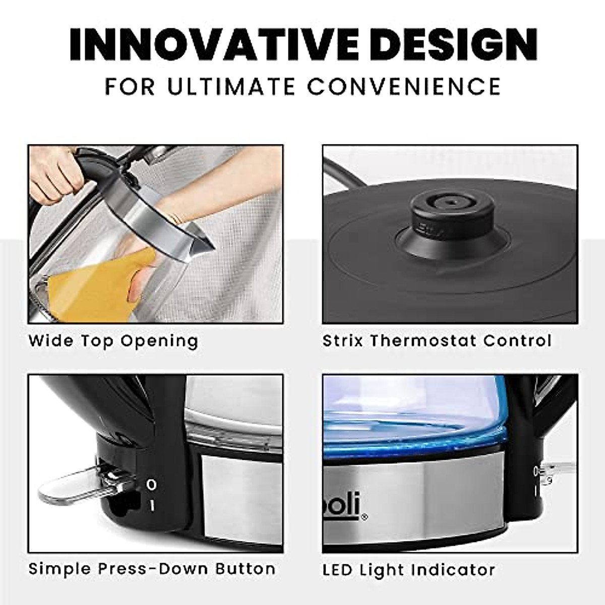 Zeppoli Electric Kettle - Glass Tea Kettle & Hot Water Boiler/Heater-Auto Shutoff (1.7L) & Boil-Dry Protection-Electric Tea Kettle Cordless & Portable with LED Indicator-Stainless Steel Lid & Bottom