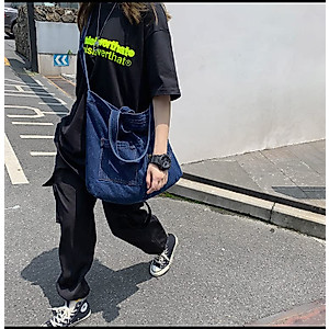 Denim Tote Bag Casual Style Lightweight Classic Retro Travel Shopper Shoulder Handbag Crossbody Handbag (Dark Blue)