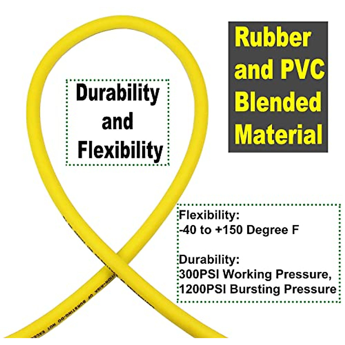 YOTOO Hybrid Lead-In Air Hose 1/4-Inch by 6-Feet 300 PSI Heavy Duty, Lightweight, Kink Resistant, All-Weather Flexibility with 1/4-Inch Industrial Air Fittings and Bend Restrictors, Yellow