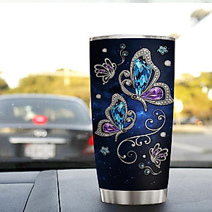 Wassmin Butterfly Tumbler Butterflies Gift For Women Girls Teen Jewelry Drawing Style Stainless Steel Insulated Tumblers Coffee Travel Mug 20oz Cup With Lid Birthday Christmas Presents