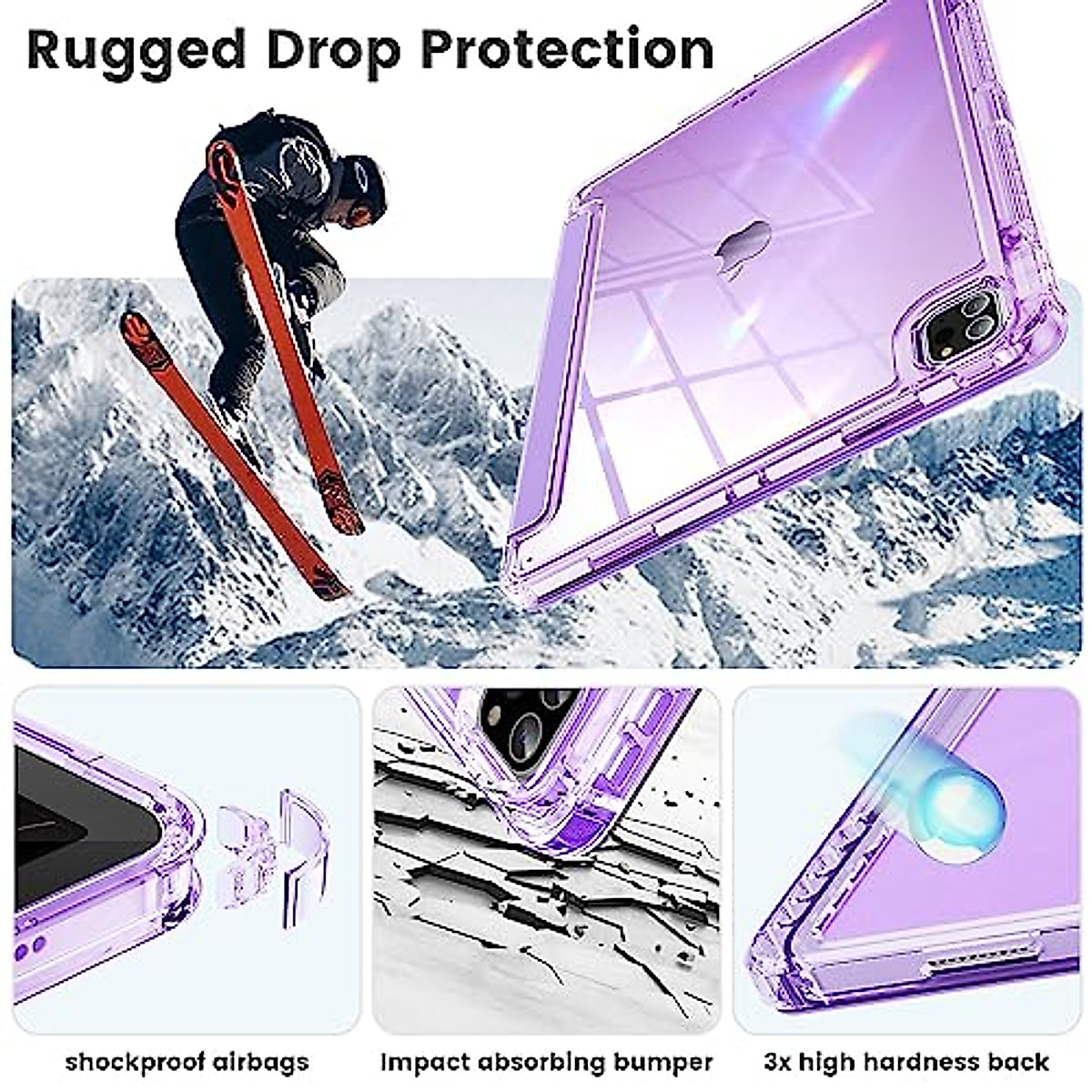 INFILAND Compatible with iPad Pro 12.9 Case 2022/2021(6th/5th Gen), [Crystal Clear Both Back & Frame] Anti-Yellowing + Pencil Holder (A2378, A2461, A2379, A2462, A2436, A2764, A2437, A2766) Purple