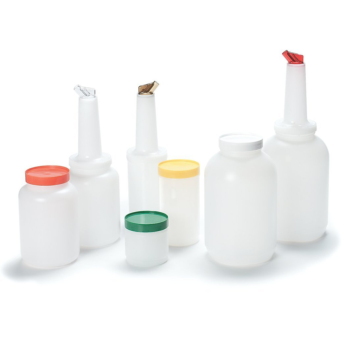 Carlisle FoodService Products Stor N' Pour Plastic Bottle Spouts, Pour Spouts, Bar Supplies with Complete Unit for Bar, 2 Quarts, Assorted, (Pack of 6)
