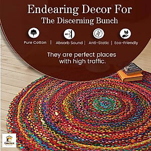 GRUHUM Cotton Area Rug 5ft-Natural Fiber Round Multicolour Handmade Boho Charm Farmhouse Soft Braided Rustic Vintage for Living Room Bedroom Indoor EcoFriendly Kitchen Enterways Hallways(5'ft Round)