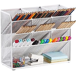 Marbrasse Mesh Desk Organizer, Multi-Functional Pen Holder, Pen Organizer for desk, Desktop Stationary Organizer, Storage Rack for School Home Office Art Supplies (White - Mesh Pen Holder)