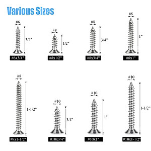 DYWISHKEY 320 Pieces #6#8#10 Stainless Steel 304 Phillips Flat Head Self-Tapping Screws, Wood Screws Assortment Kit