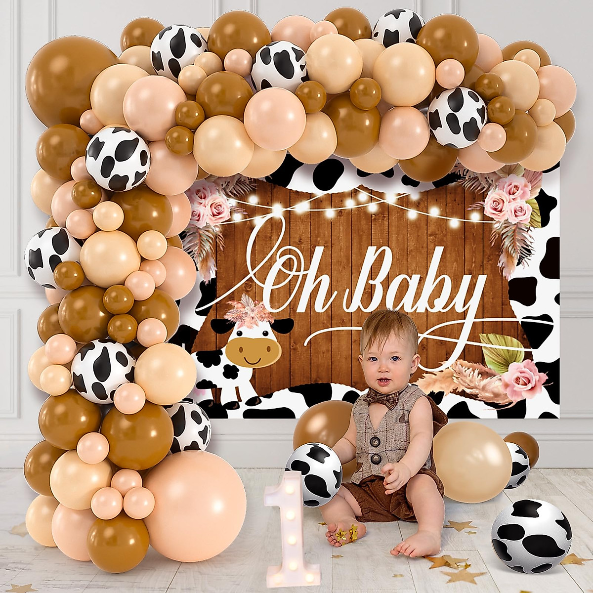 Winrayk 141Pcs Cow Baby Shower Decorations for Boy Girl Cow Birthday Party Decorations Supplies Cow Print Balloon Arch Baby Boxes with Letters Oh Baby Backdrop Farm Holy Cow Im One Birthday Decoration